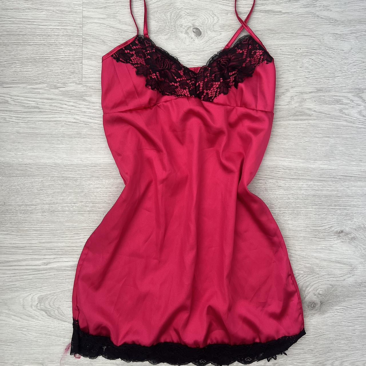 super pretty red satin slip dress with black lace... - Depop