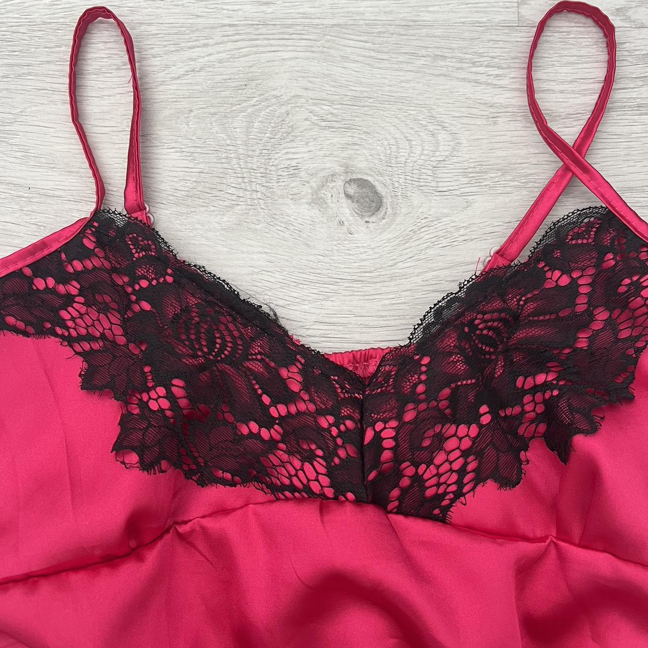 super pretty red satin slip dress with black lace... - Depop