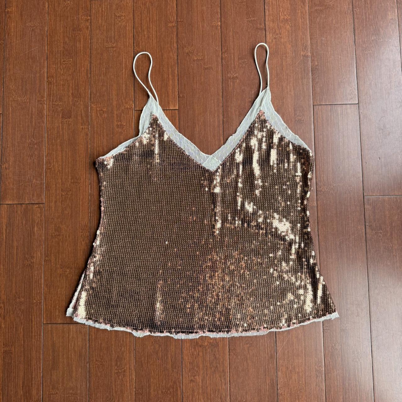 Copper and white sequin cami top with lace trim... | Depop