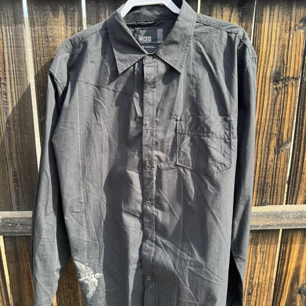 Black and red micros snap-up shirt with sick y2k... | Depop