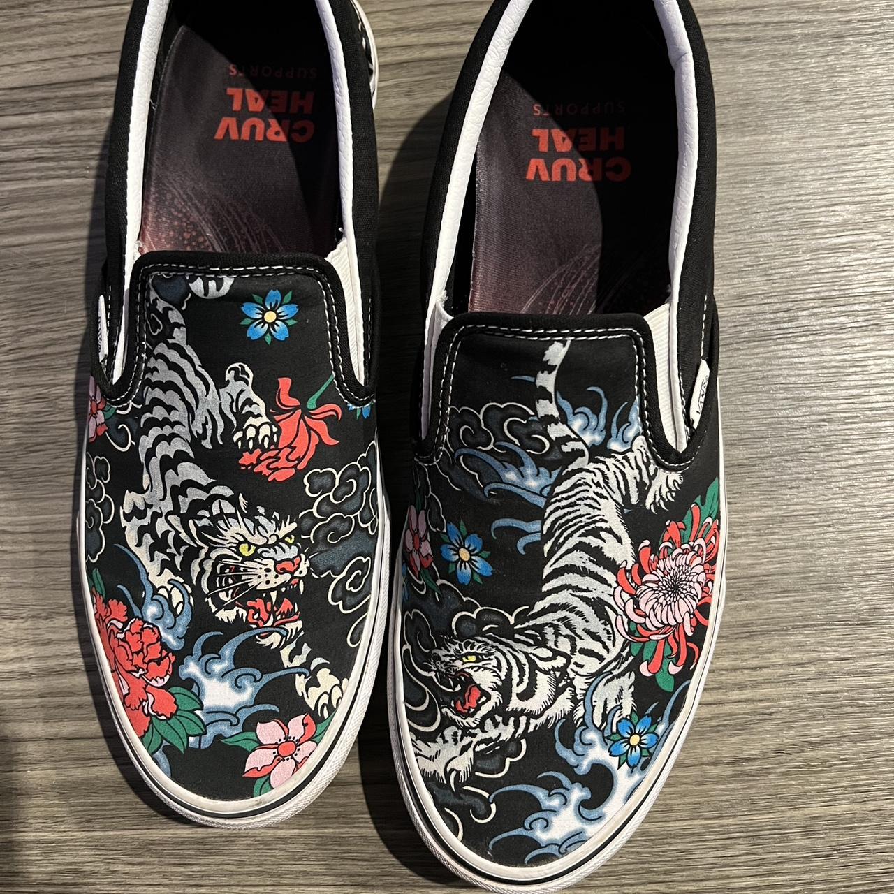 Japanese floral and tiger Vans slip-on men’s size 12... | Depop