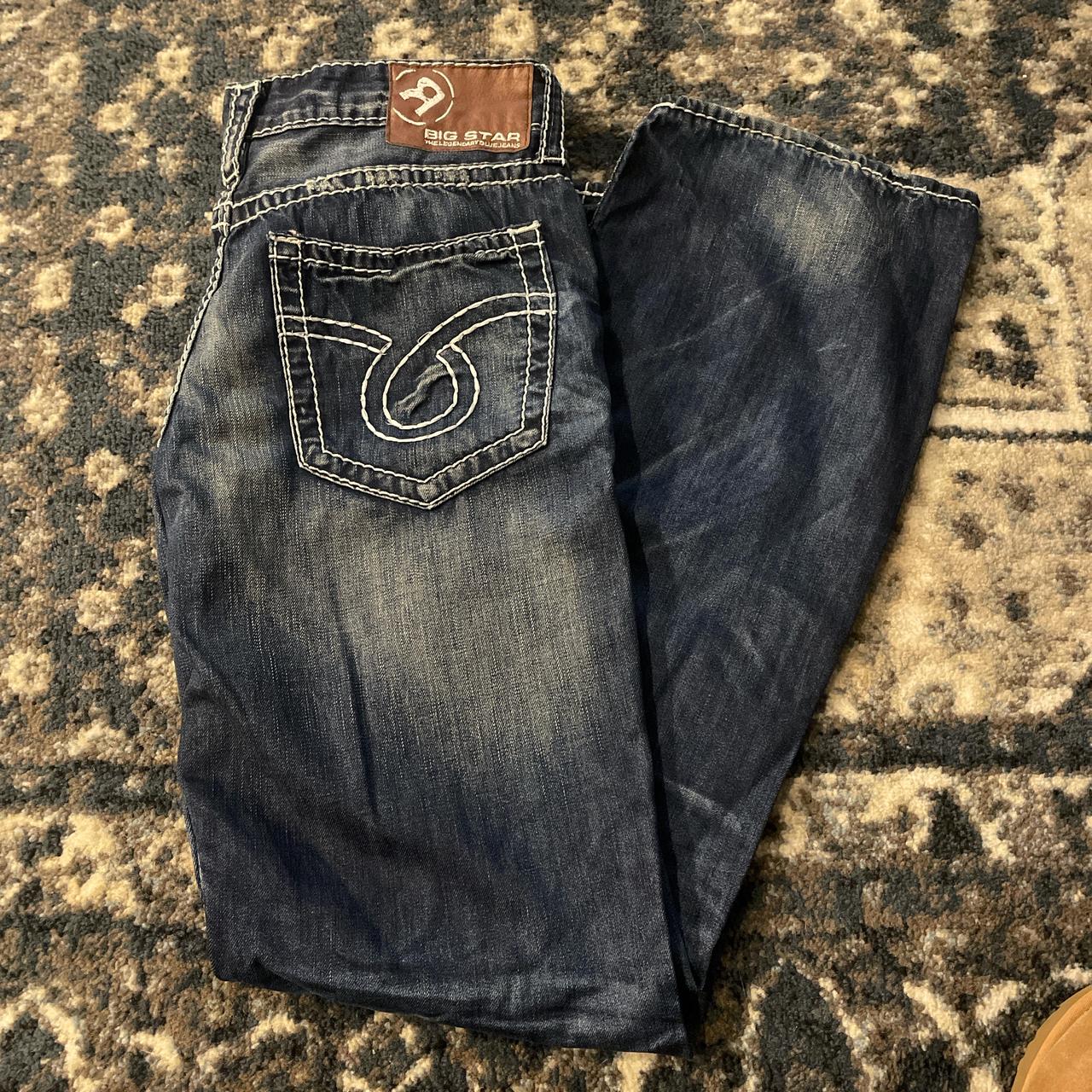 Navy blue True Religion jeans with white stitching... - Depop