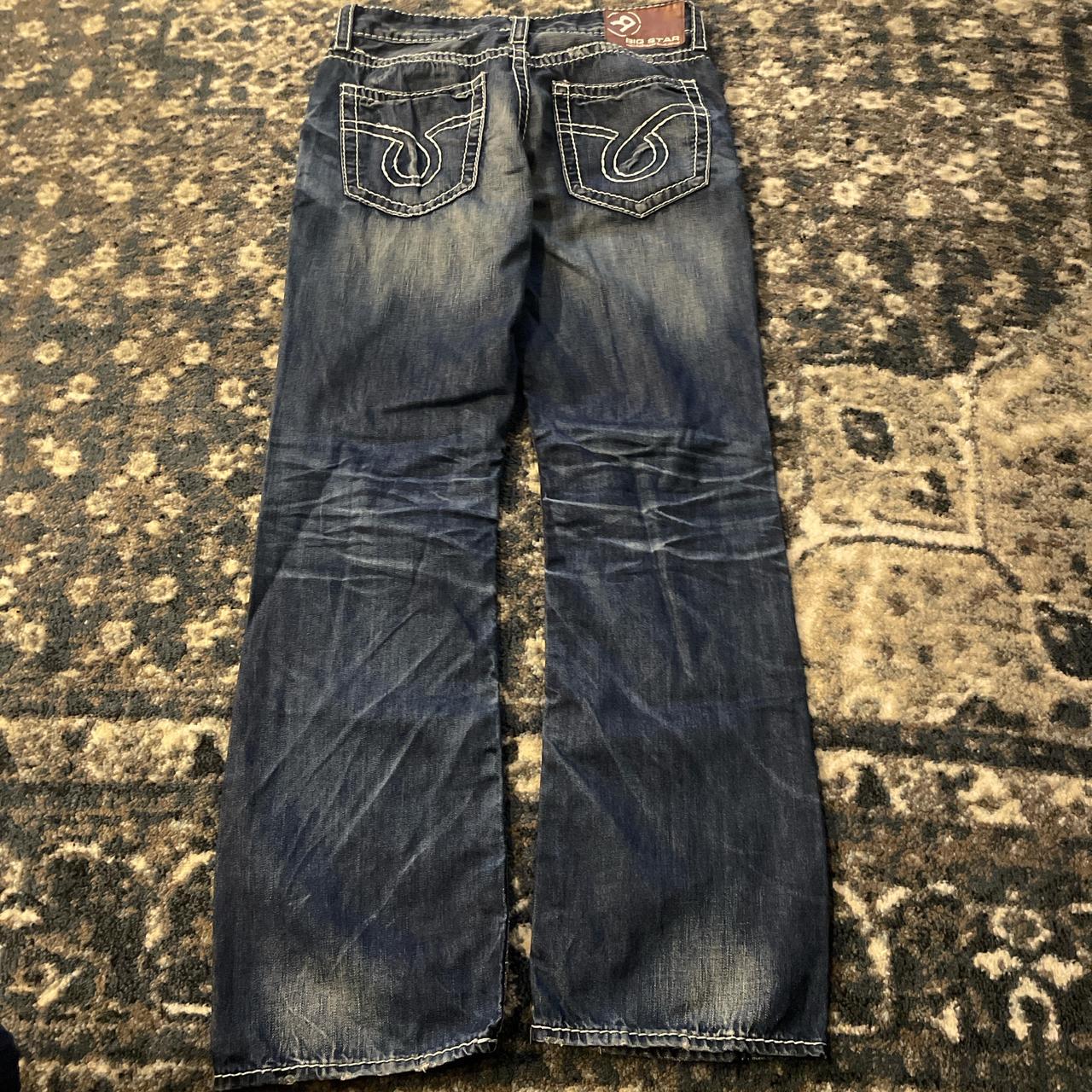 Navy blue True Religion jeans with white stitching... - Depop