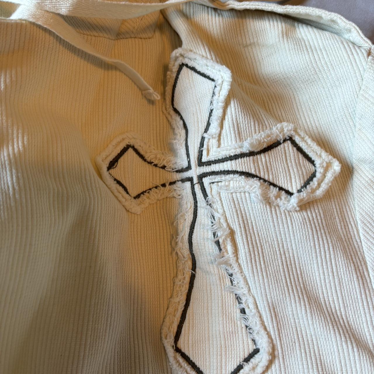 Cream and white corduroy jacket with cross detailing... - Depop