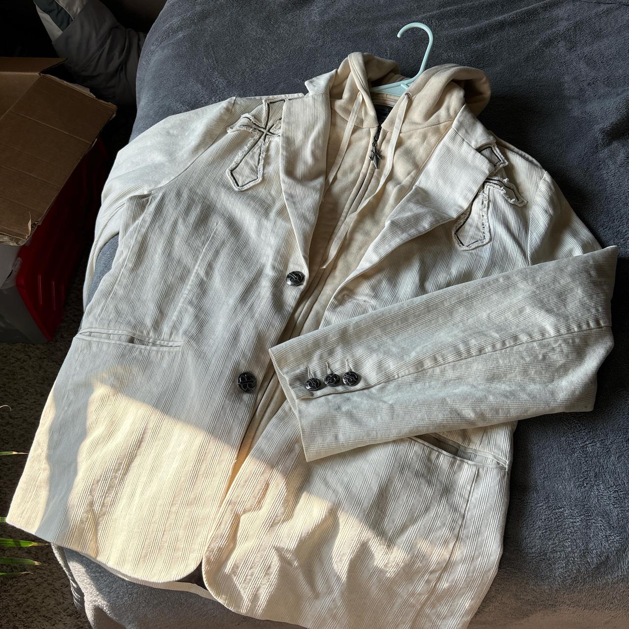 Cream and white corduroy jacket with cross detailing... - Depop