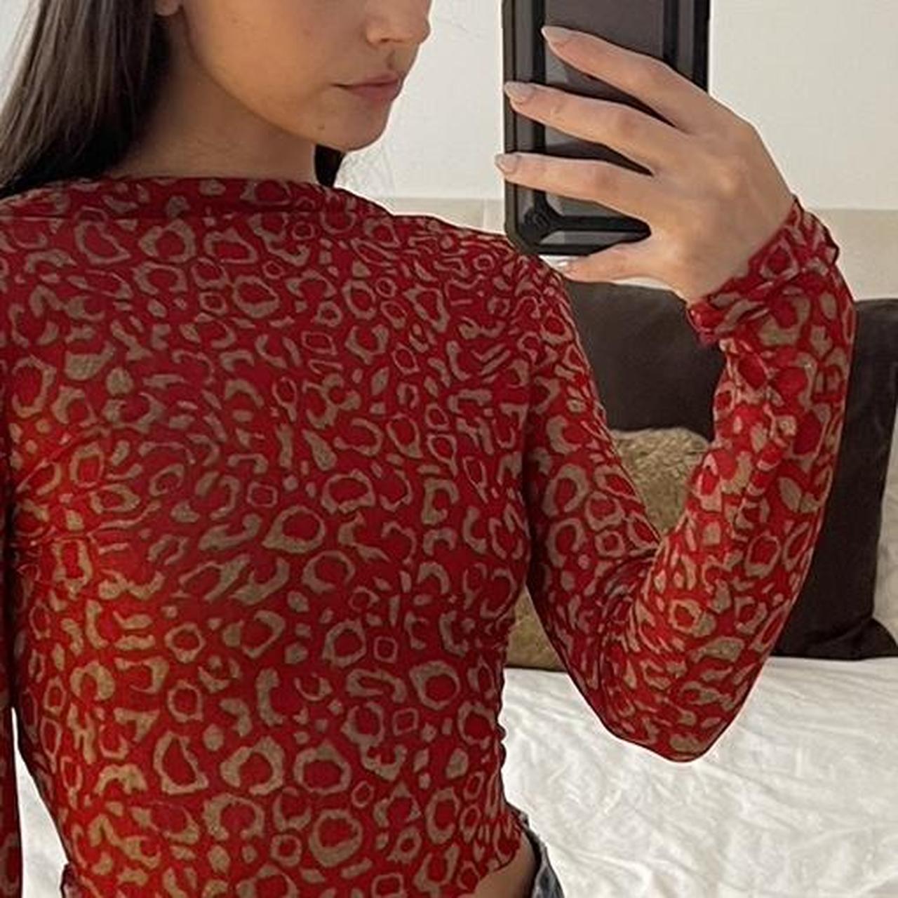 2000s red leopard long sleeve top. Can be tied in... - Depop