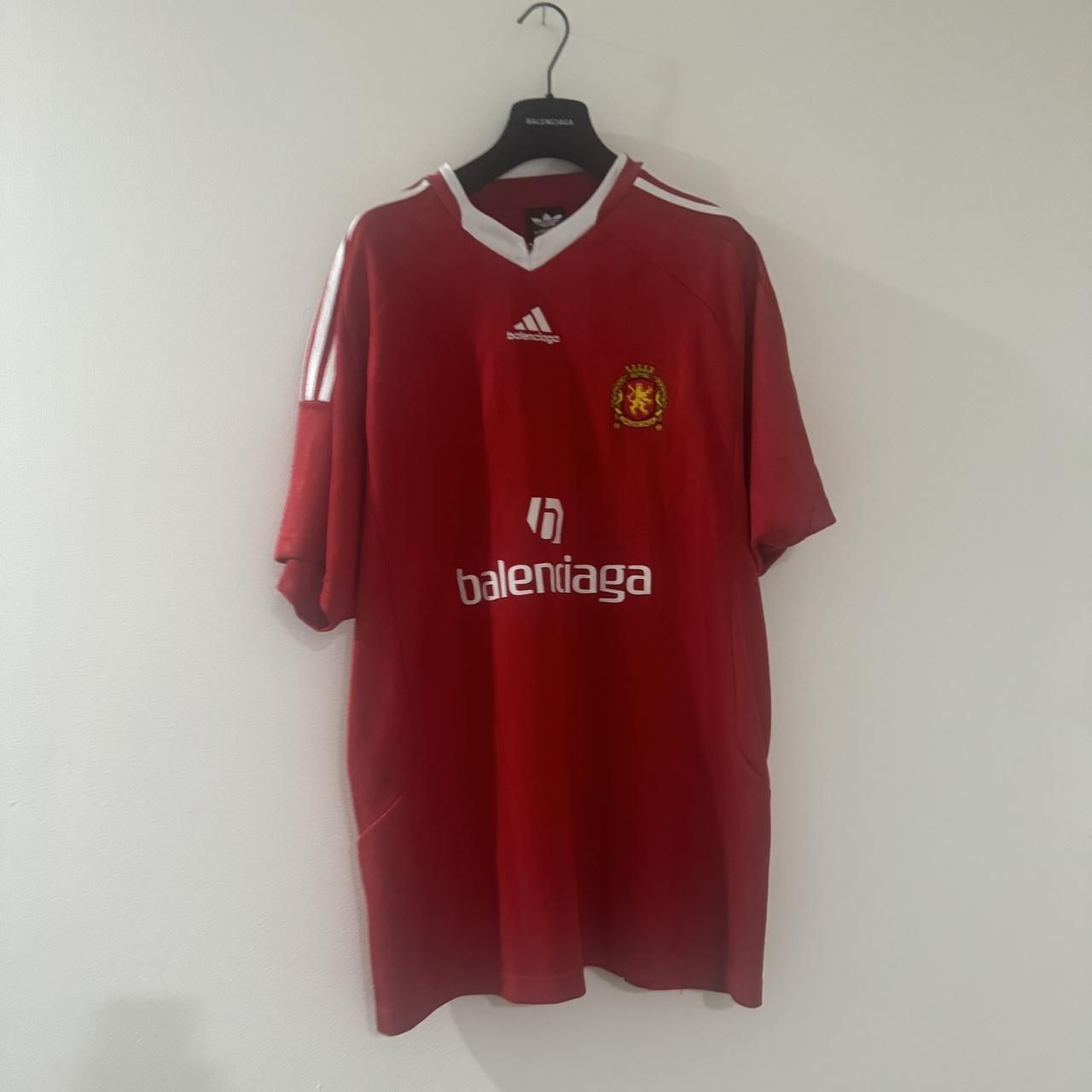 Balenciaga Men's Red X Adidas Logo Printed Soccer... - Depop