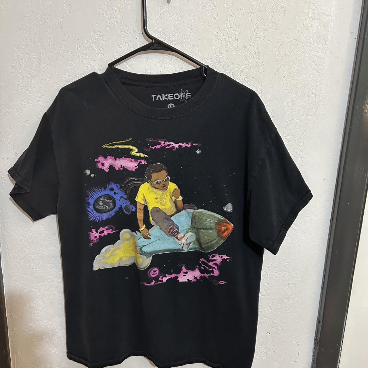 Black Takeoff tee with multi-coloured graphics #Takeoff - Depop