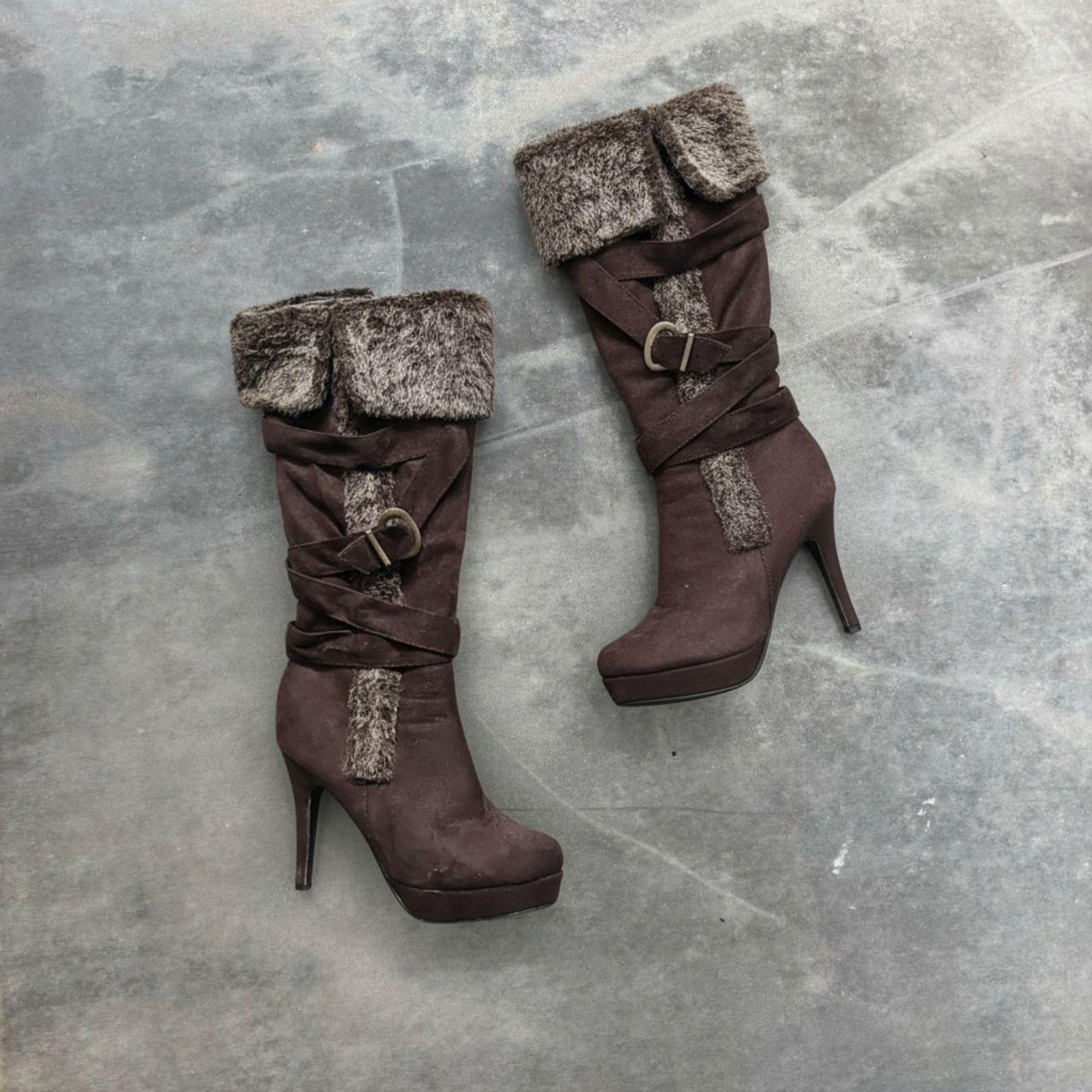 Taupe Slouch Knee hight 2000s y2k buckle moto heel... | Depop