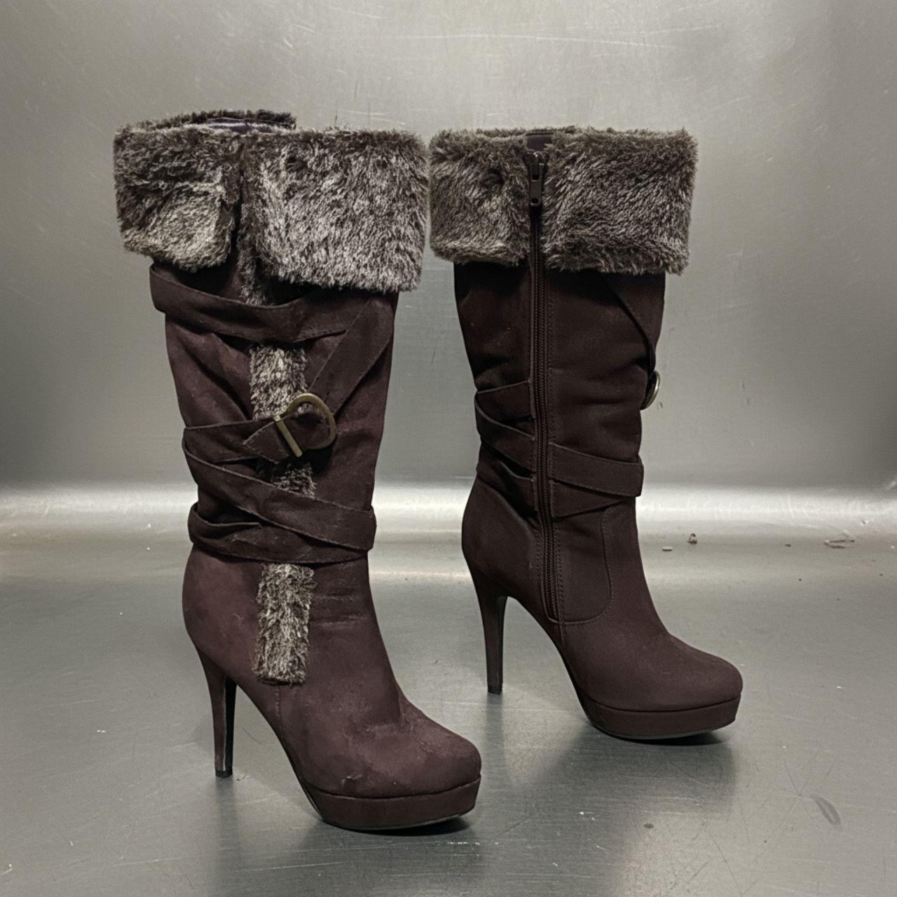 Taupe Slouch Knee hight 2000s y2k buckle moto heel... | Depop