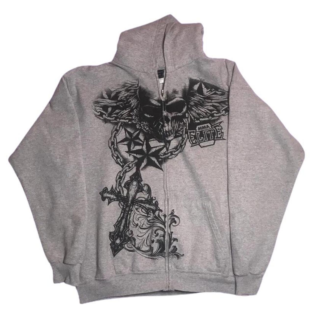 Y2K grey and black zip-up hoodie with skull and... - Depop