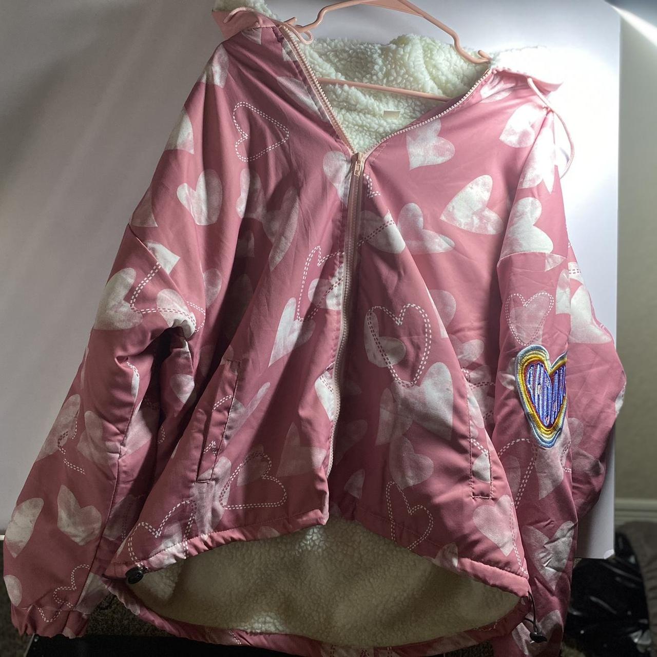 Pink and white heart jacket with hood, patches and... - Depop