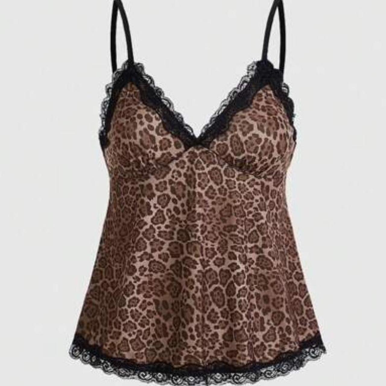 Leopard print cami top with black lace trim,... - Depop