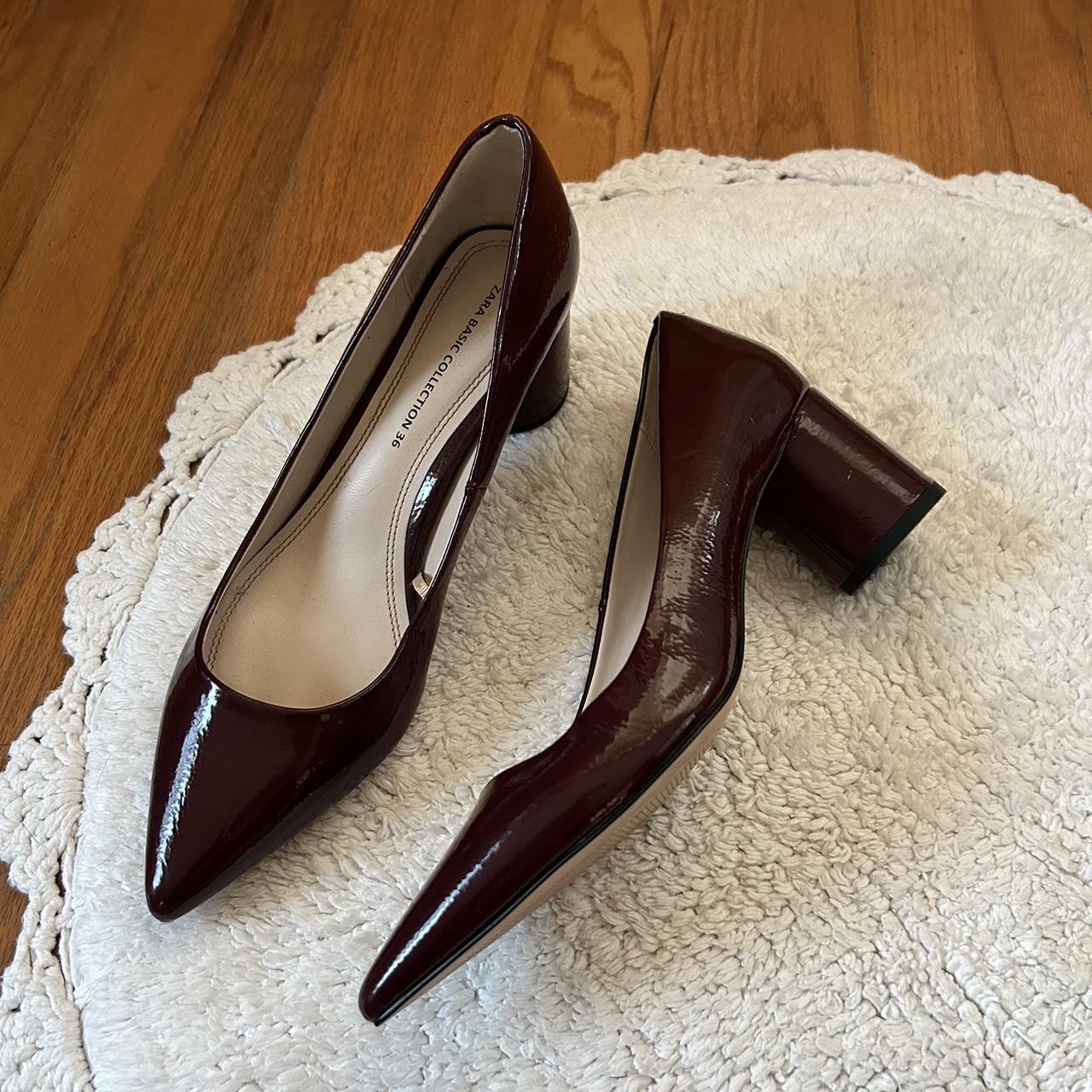 Zara burgundy block patent heels Like new... - Depop