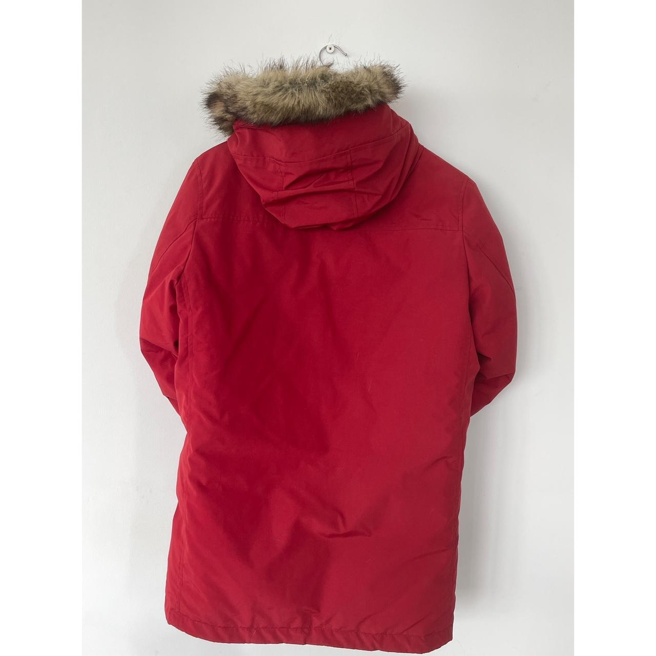 Cherry Red UNIQLO coat with fur hood #wintercoat - Depop