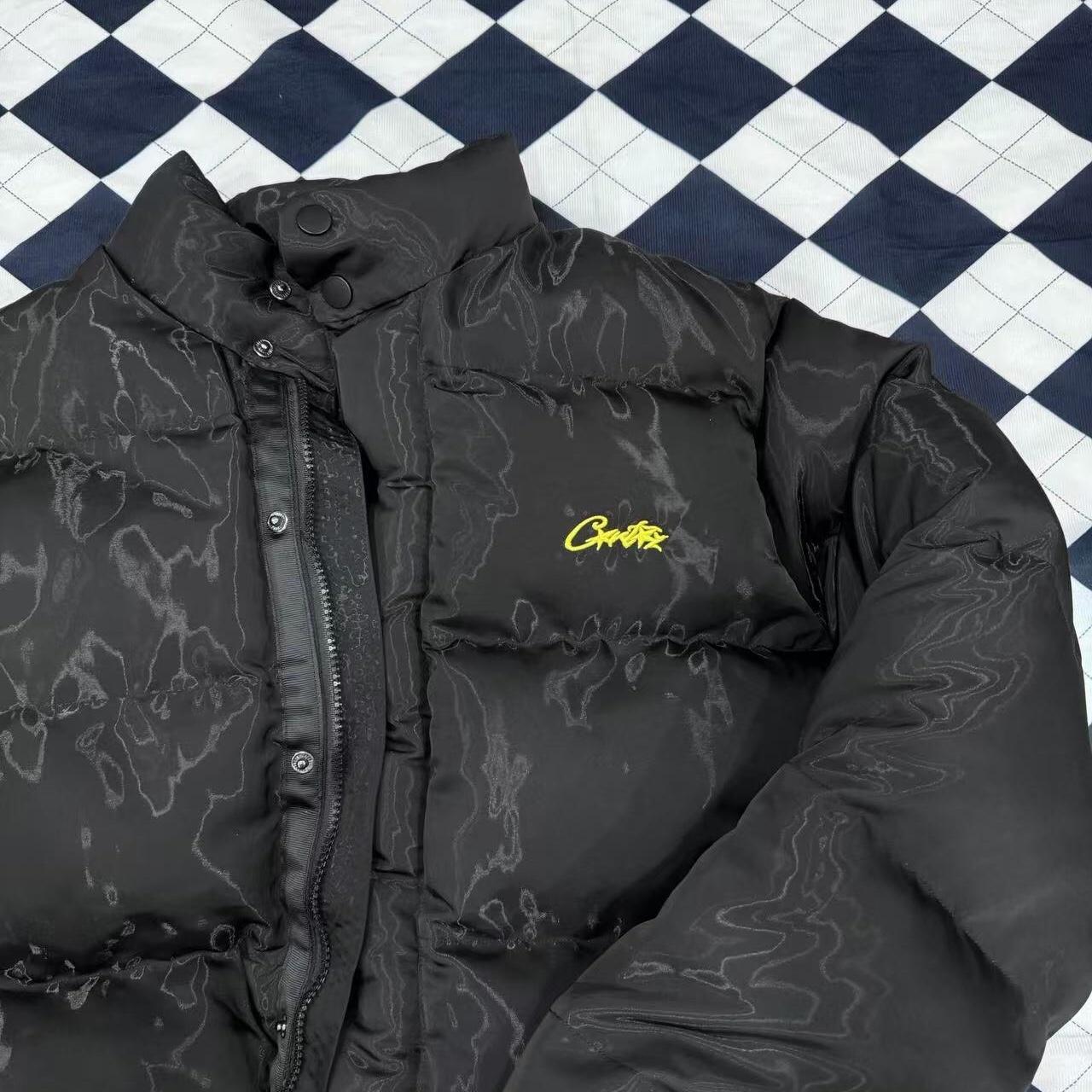 Corteiz black and yellow puffer jacket - Depop