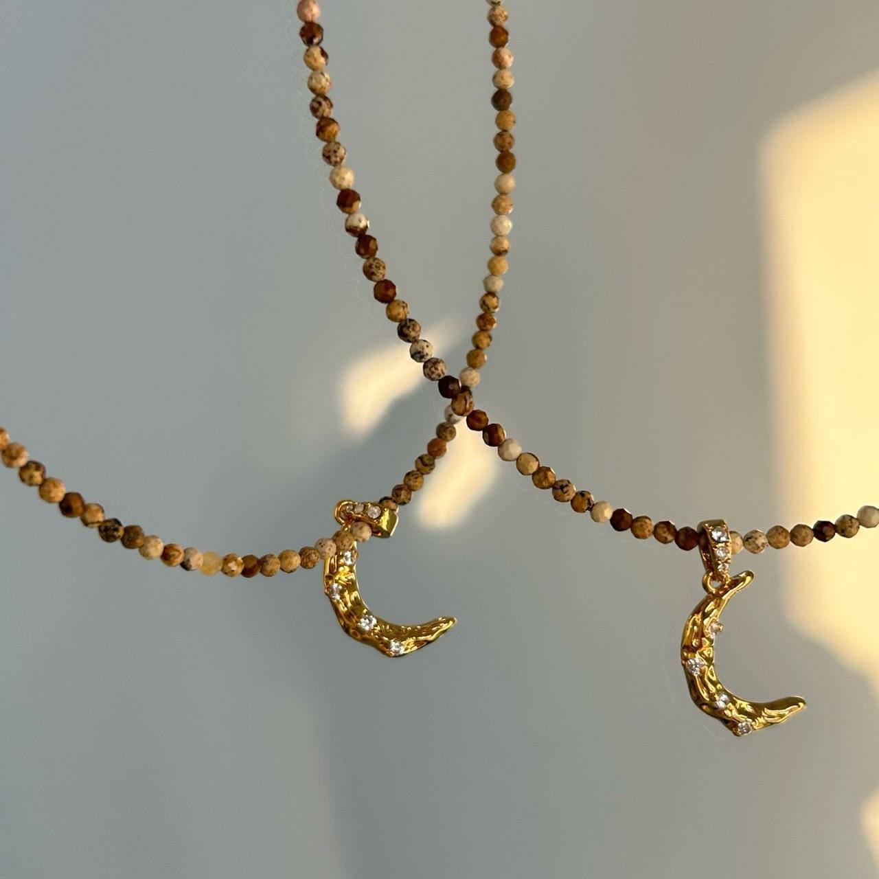 Melard moon necklace, natural picture jasper, copper... - Depop