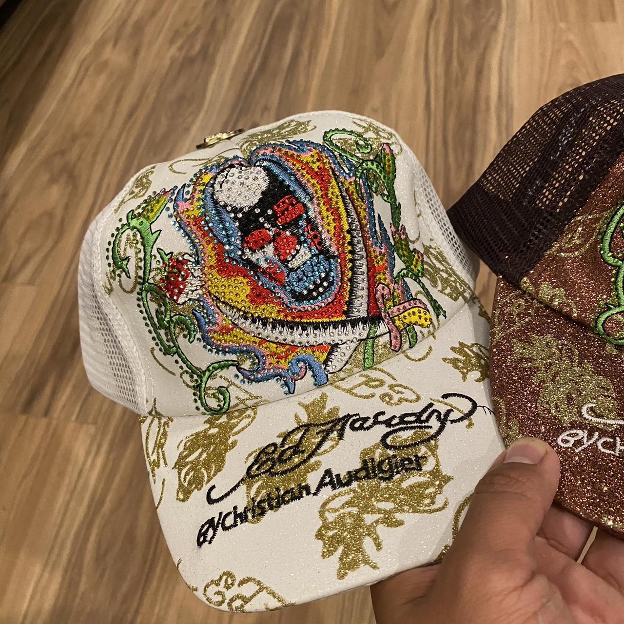 White bedazzled Don Ed Hardy trucker hat with skull... - Depop
