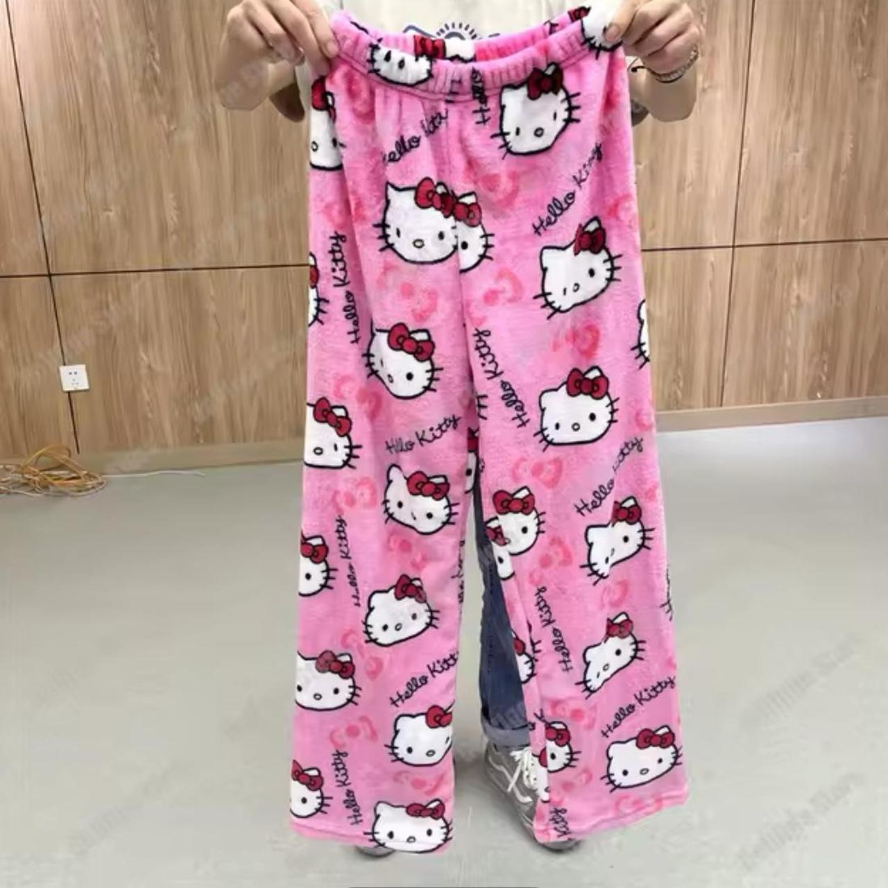 Hello Kitty pink & white loungewear pants Flannel... | Depop