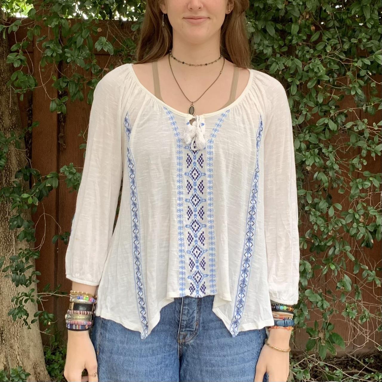 American Rag Cie Women's White and Blue Blouse | Depop