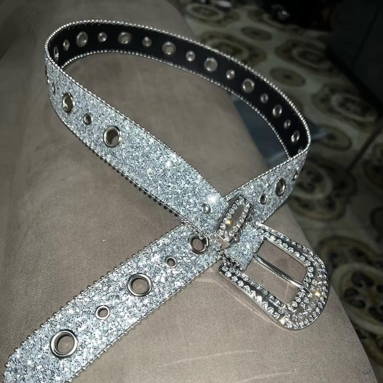 BB Silver Rhinestone Belt - Depop