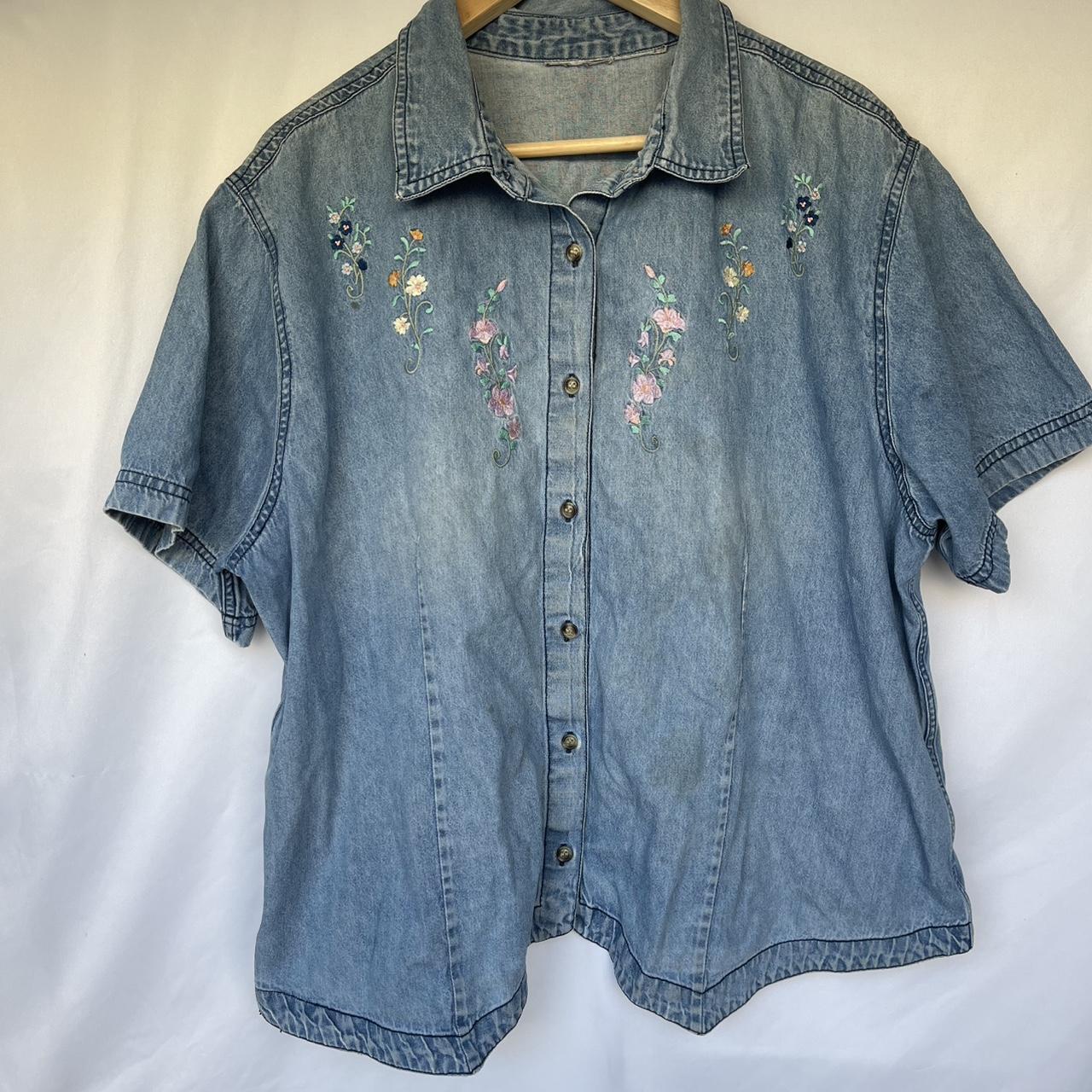 denim embroidered short sleeve button up top | no... - Depop