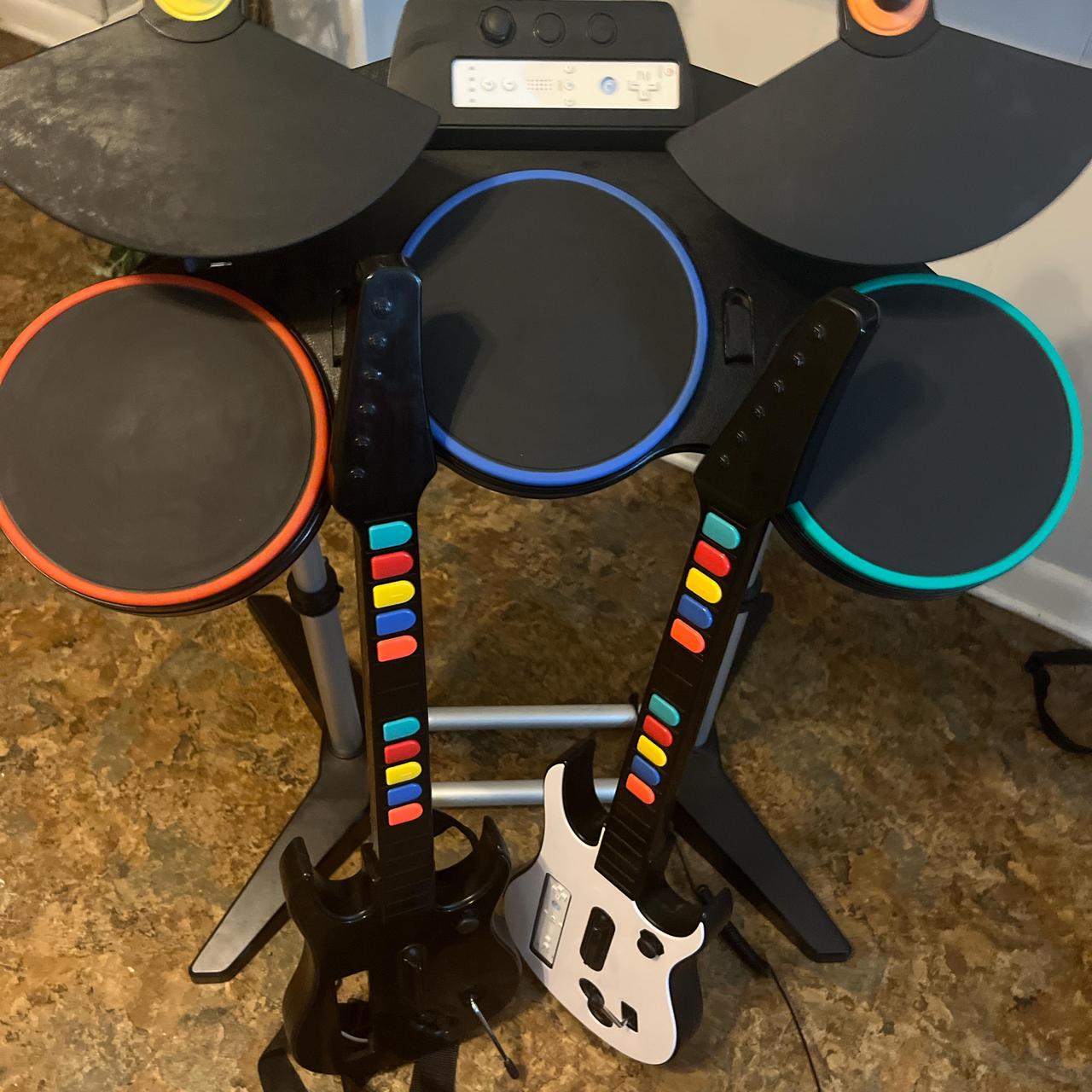Wii Guitar Hero drum set with controllers and drum... - Depop