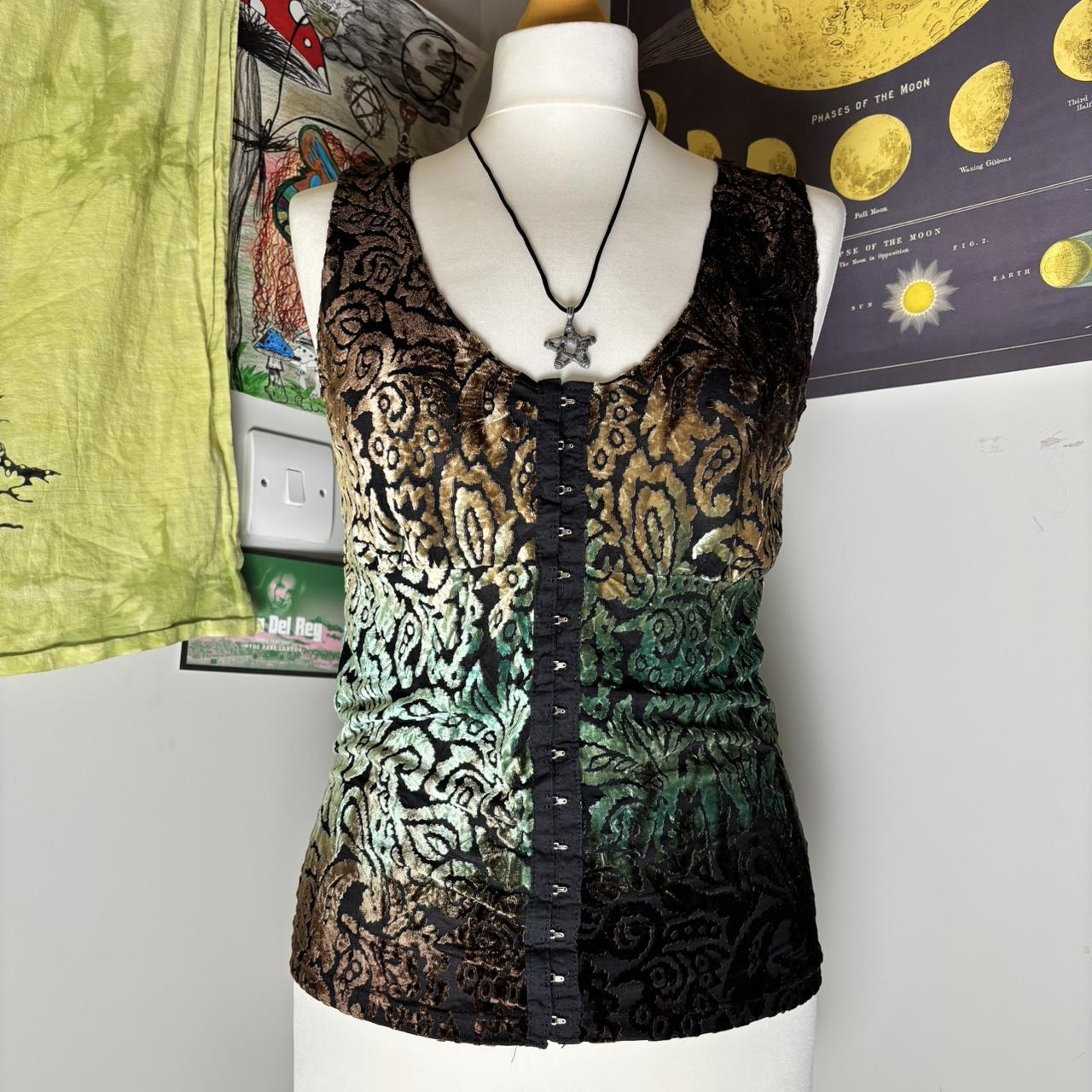 Multi-coloured velvet corset witchy top with floral... | Depop
