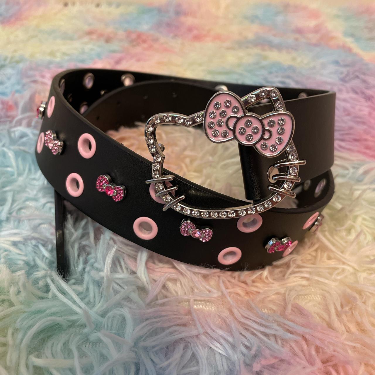 Black and pink Hello Kitty belt with bow rhinestone... | Depop