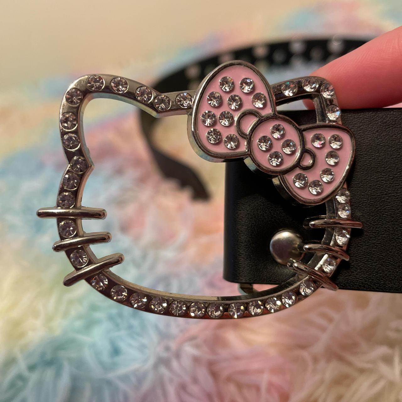 Black and pink Hello Kitty belt with bow rhinestone... | Depop