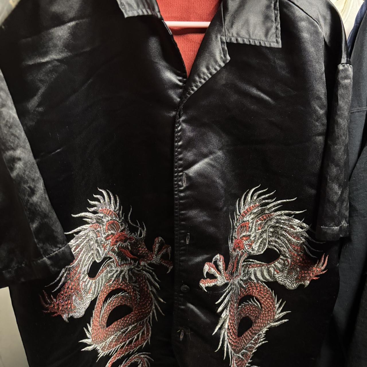 Black and red silk button-up dragon shirt #skater... | Depop