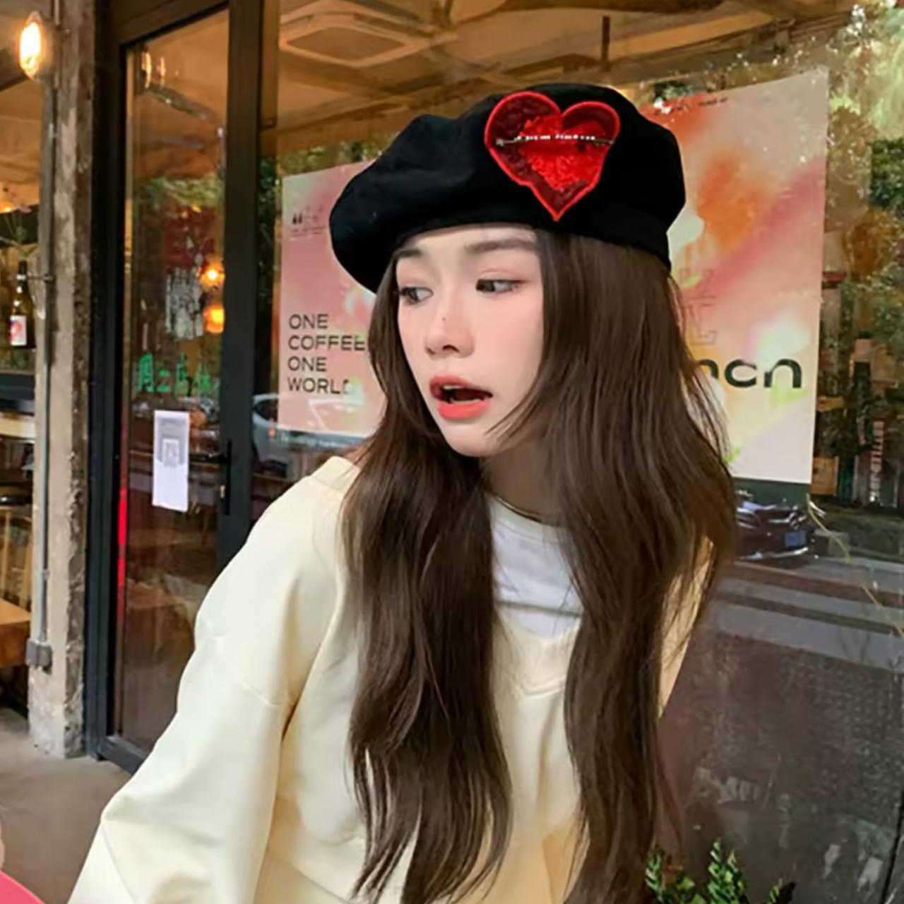 [N/A]: Heart and Safety Pin Black Beret Super cute... | Depop