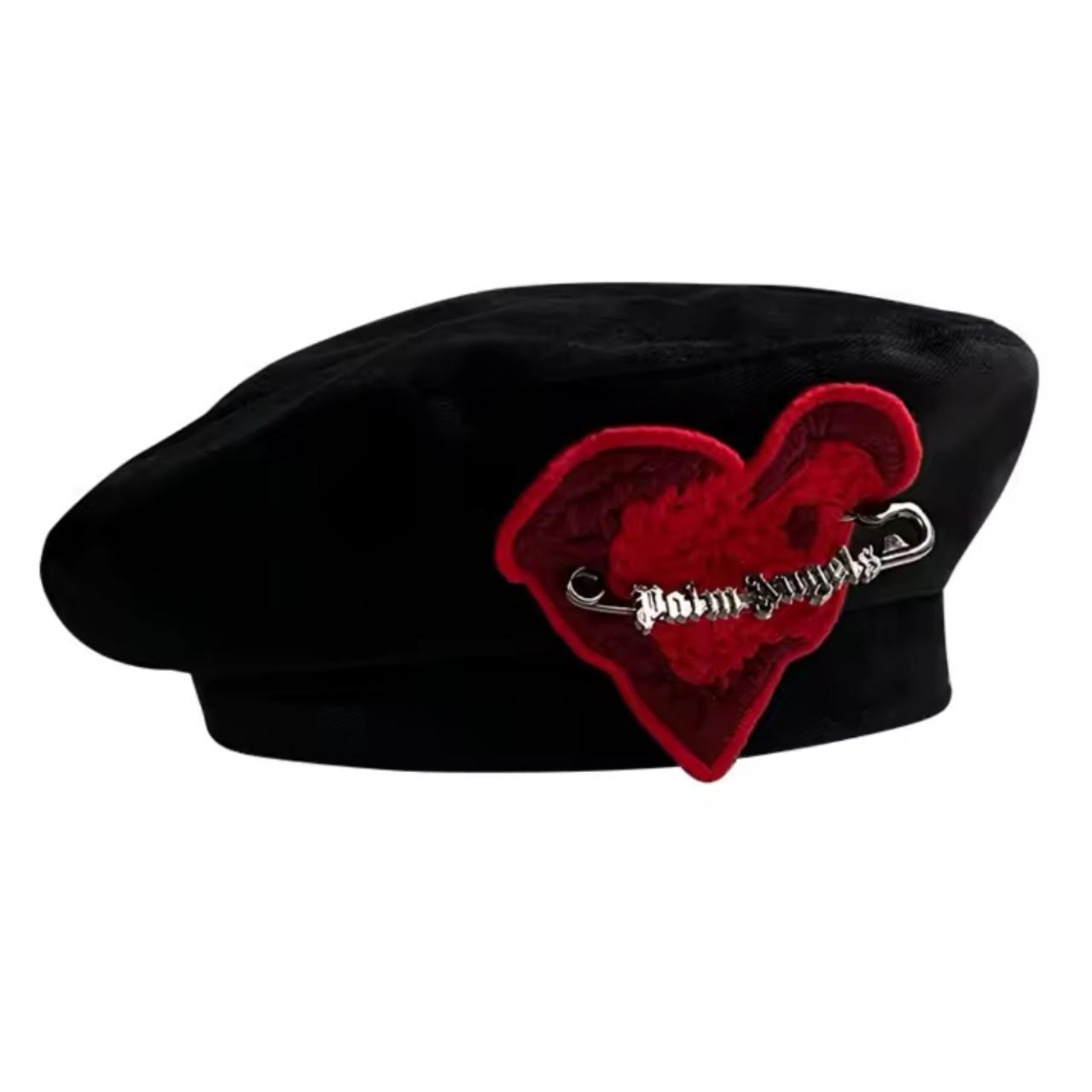 [N/A]: Heart and Safety Pin Black Beret Super cute... | Depop