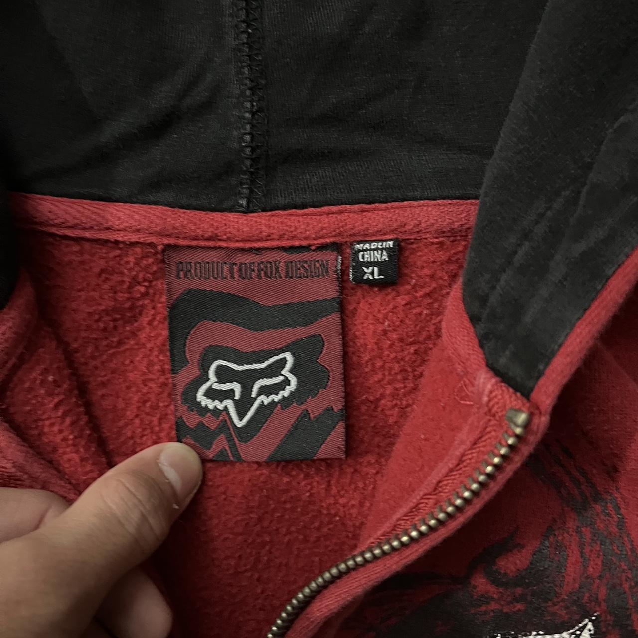 Burgundy Fox Racing zip-up hoodie with a grunge vibe... - Depop