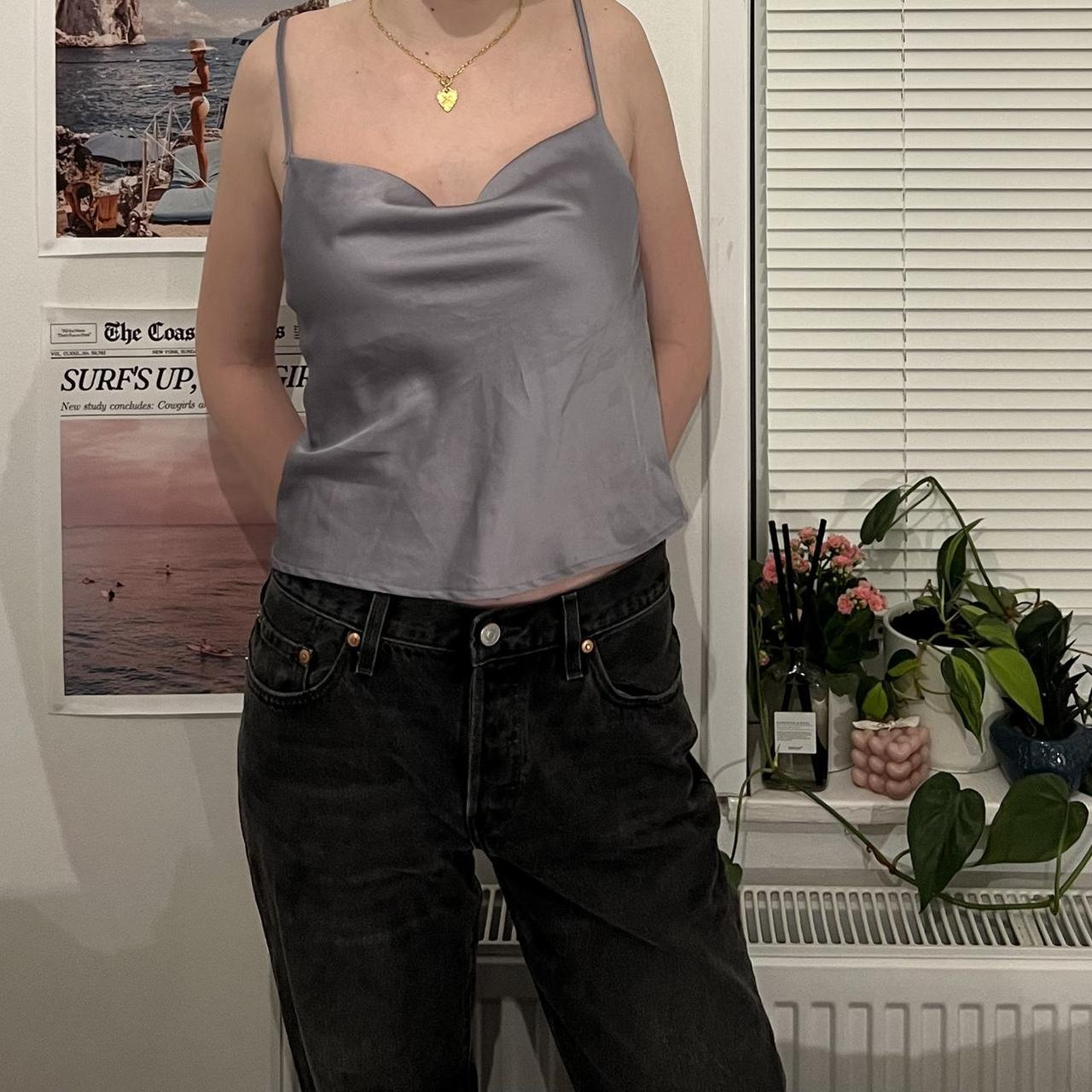 Purple satin cami top with small cowl neck Alice... - Depop