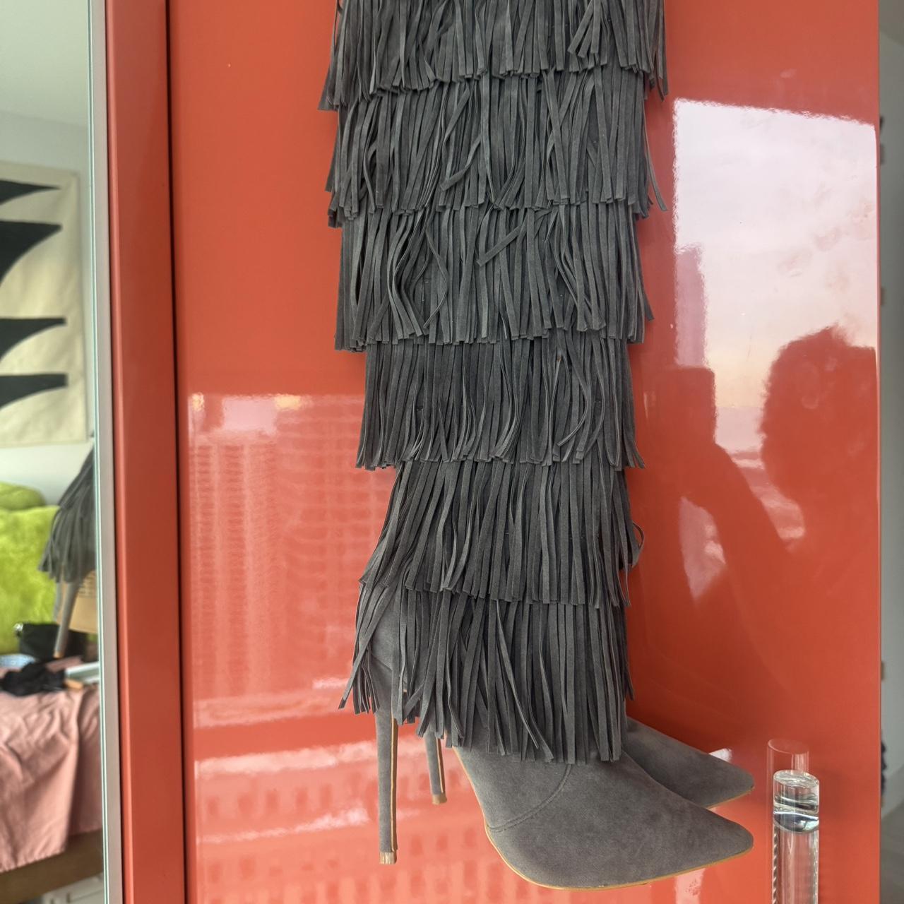 Thigh high fringe boots, worn once. 4” heel | Depop