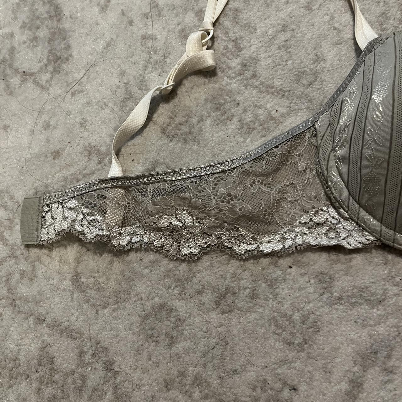 Grey and white lace bra with bow... - Depop
