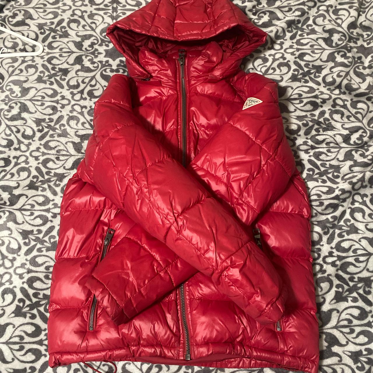 Red guess puffer jacket size us m fast shipping - Depop