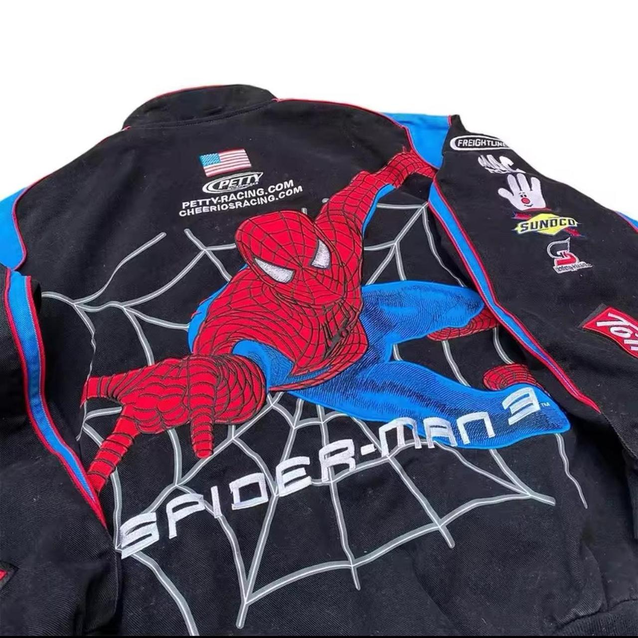 Black and blue Spiderman NASCAR jacket READ BIO... - Depop