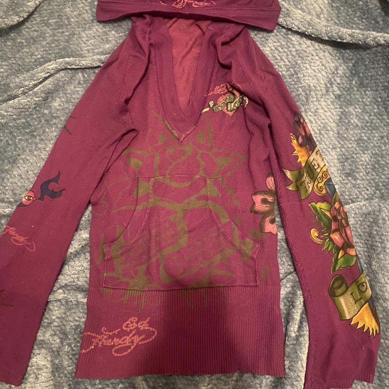 Pink Ed Hardy hoodie with long sleeves #y2kstyle... - Depop