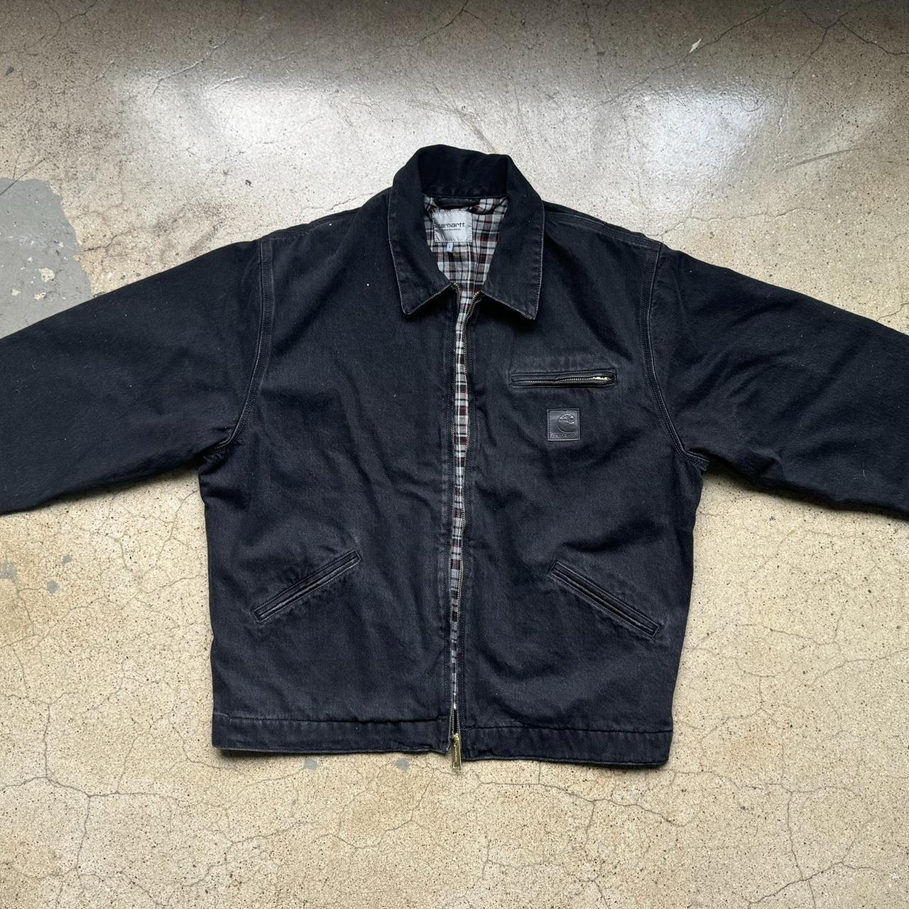 Black Carhartt denim Detroit jacket with plaid... | Depop