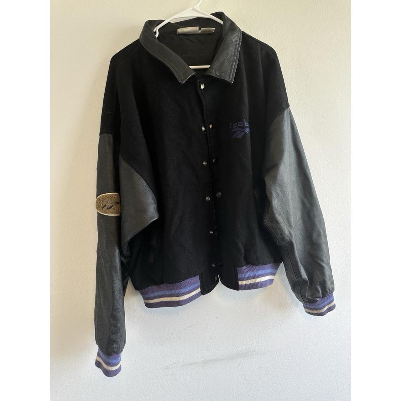Vintage Reebok Jacket 90s Leather Wool Varsity Black... | Depop