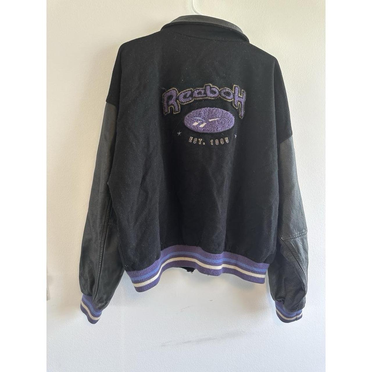 Vintage Reebok Jacket 90s Leather Wool Varsity Black... | Depop