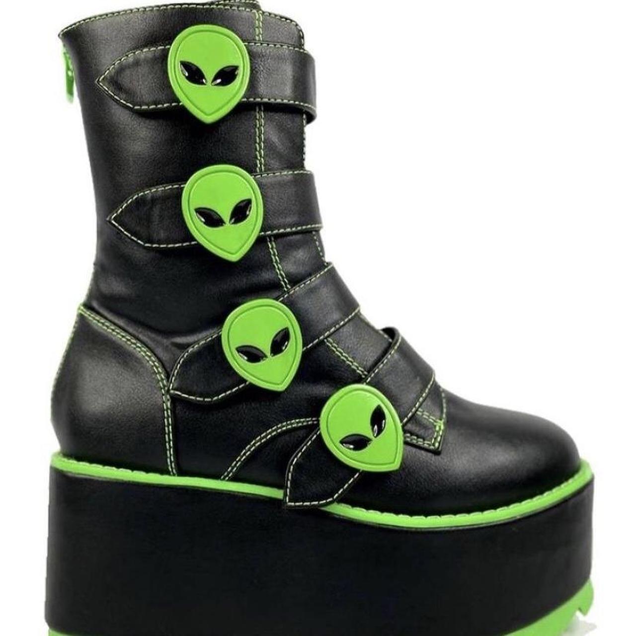 YRU SHOES Black and green ALIEN platform boots #goth... - Depop