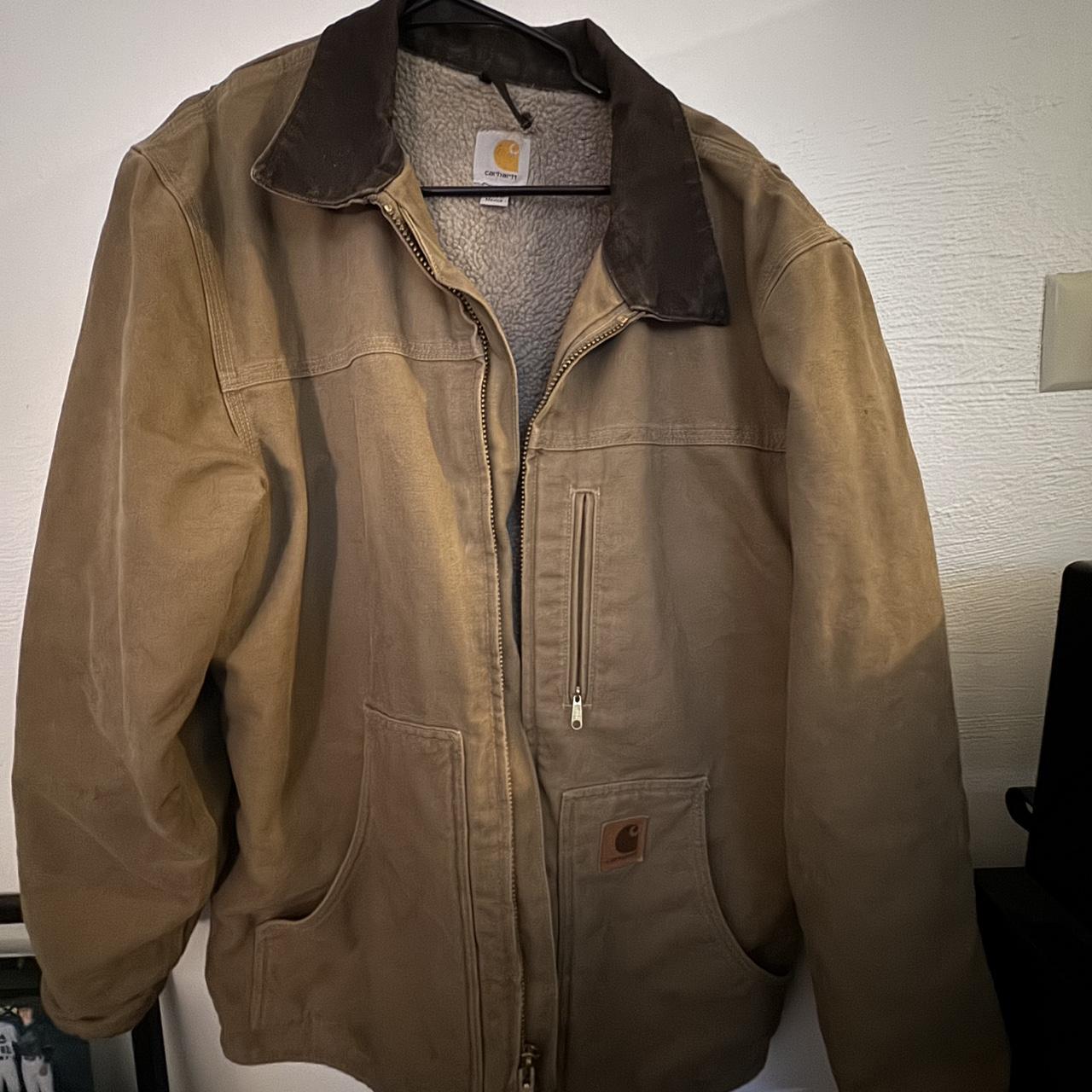Brown Carhartt jacket with fleece lining (zipper is... - Depop