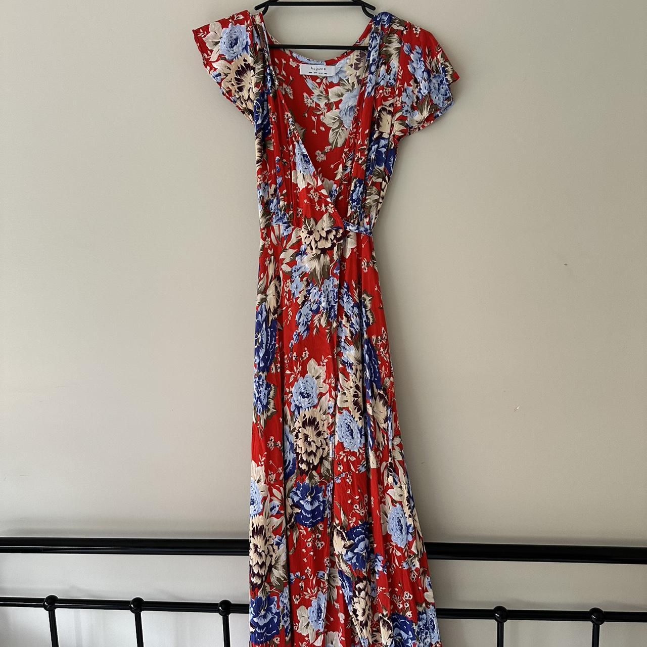 Auguste red floral midi dress with blue and white... | Depop
