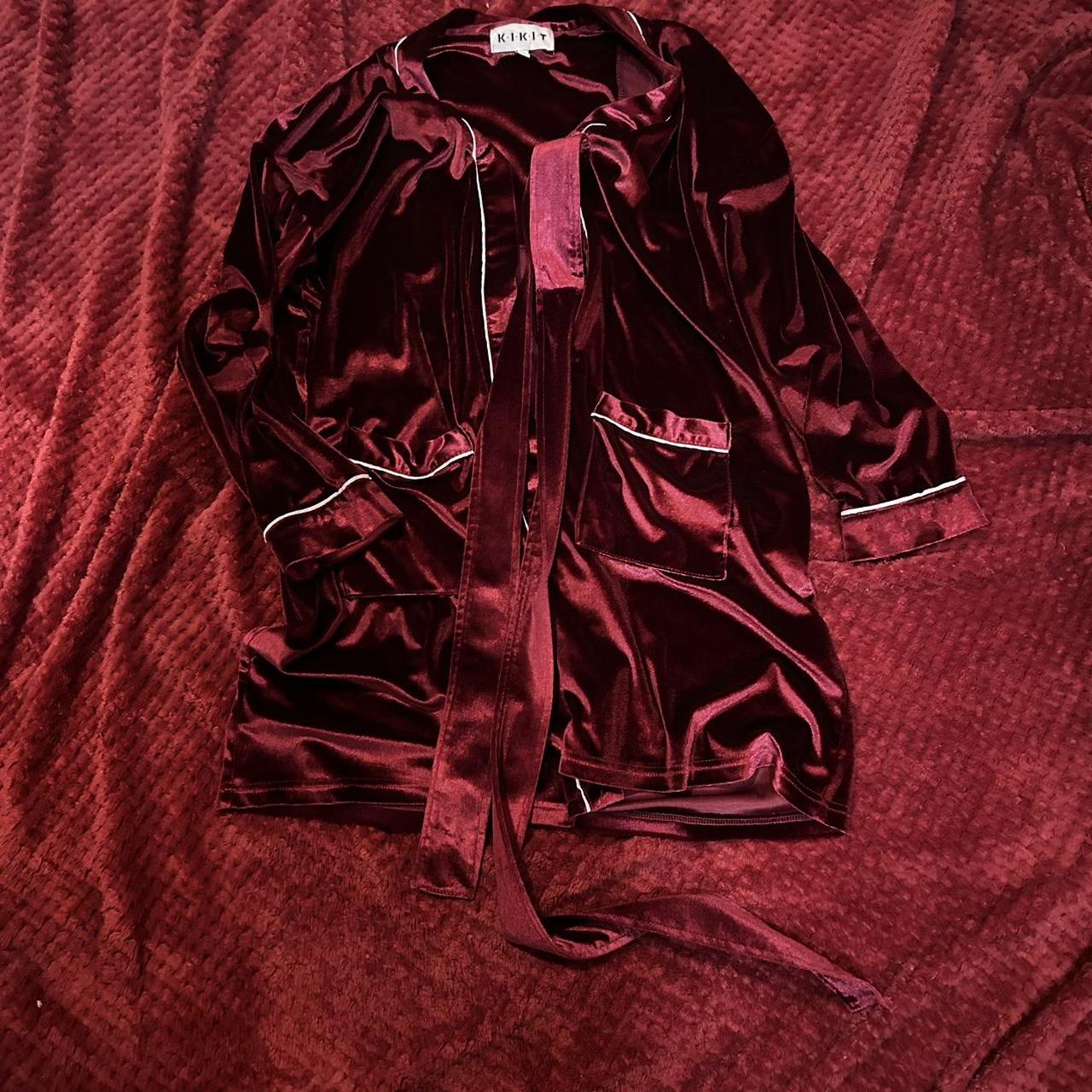 Burgundy and red velvet robe with white piping and... - Depop