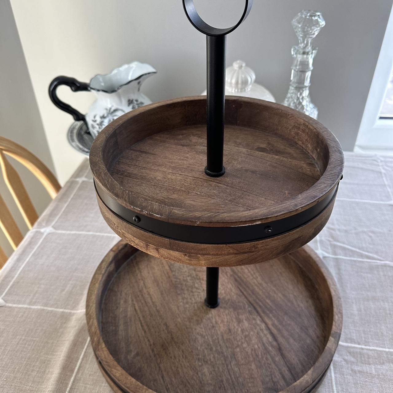 Brown and black wooden 3-tier stand - Depop