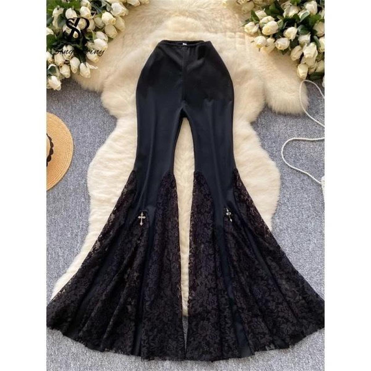 Y2K Gothic Black Lace Mesh Flared Pants, Sexy... - Depop