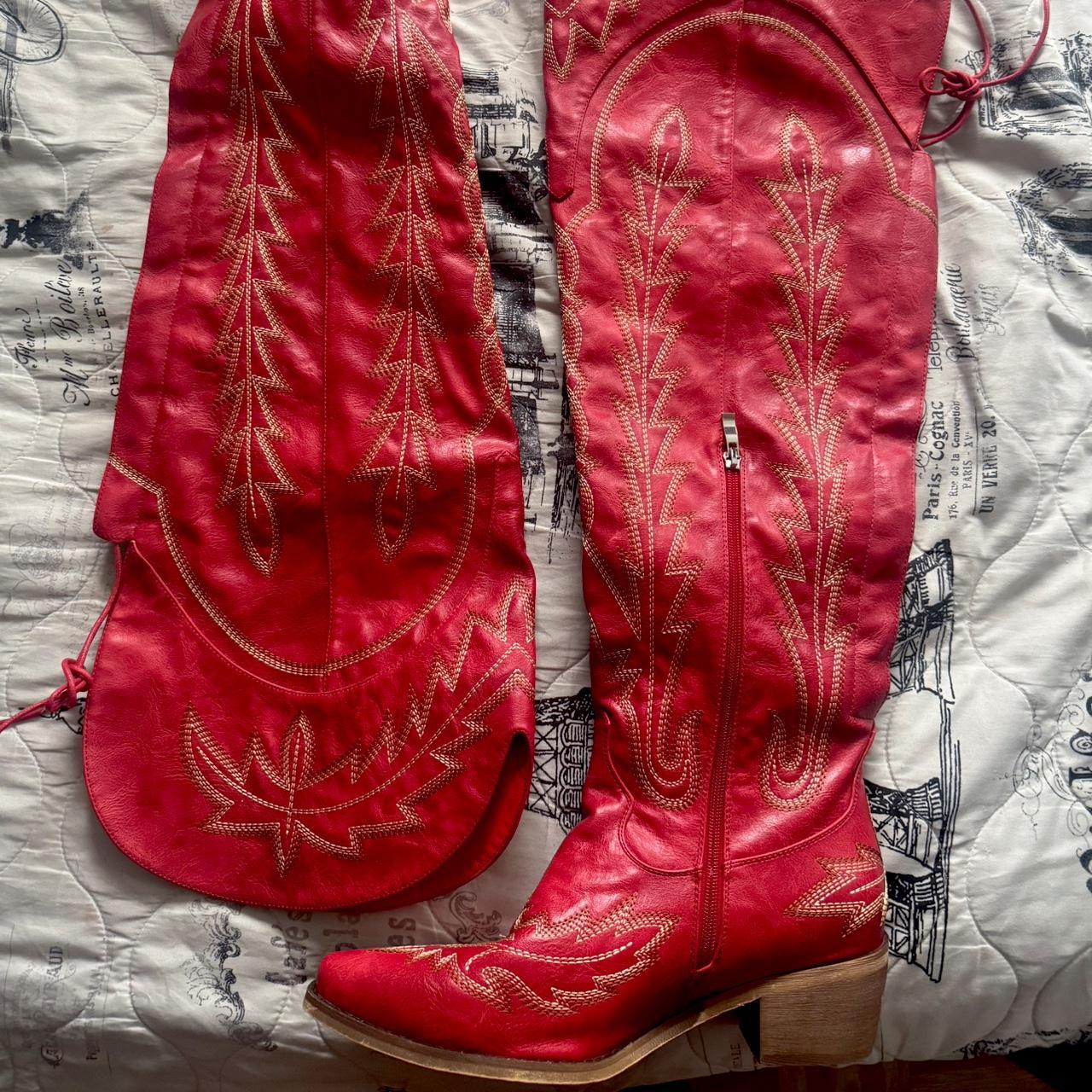 Red leather knee-high boots with a western vibe,... | Depop